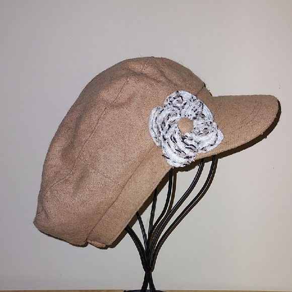 August Hats | Accessories | August Wool Rich Tan Cap With White Floral ...